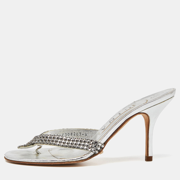 Gina | Shoes | Gina Silver Crystal Embellished Leather Thong Sandals ...